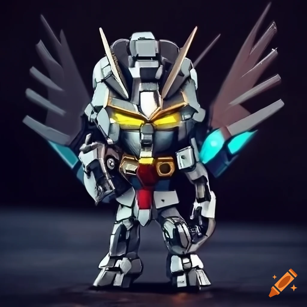 Metallic chibi gundam robot with jetfighter wings on Craiyon