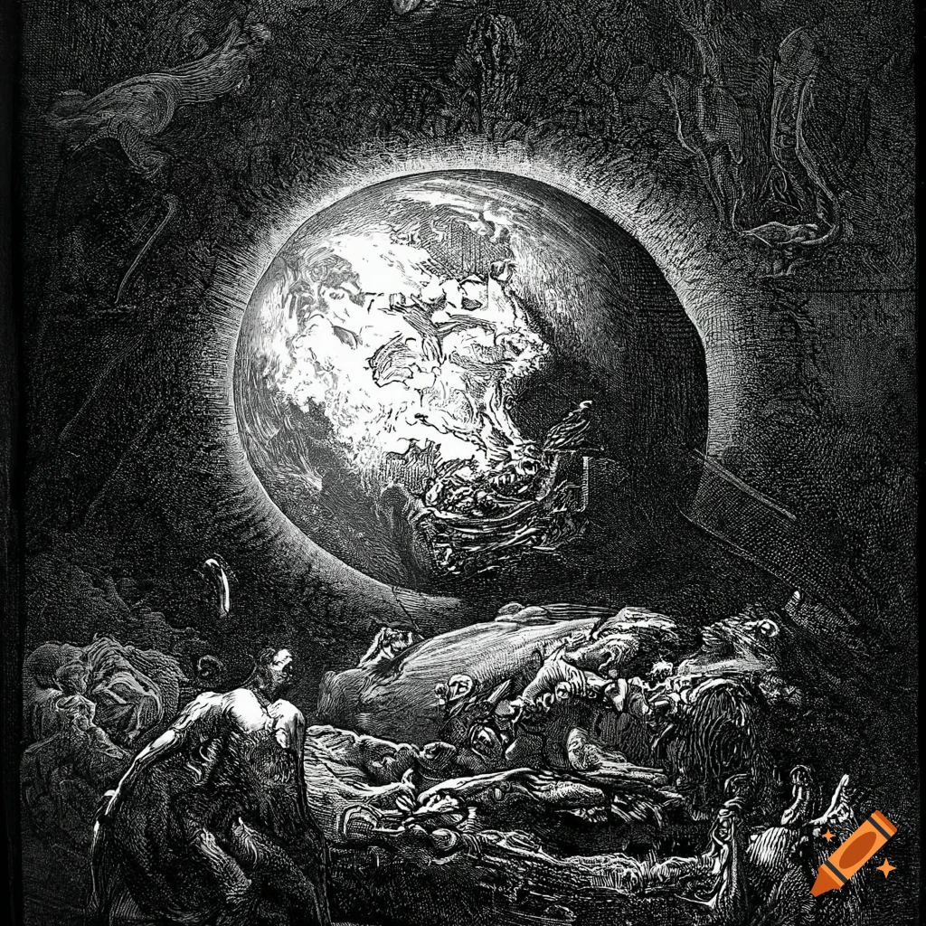 Gustave Doré style engraving of Earth in a galaxy on Craiyon