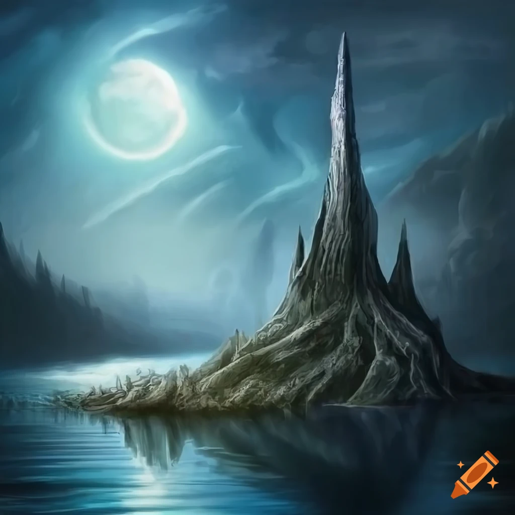 Fantasy painting of silver rocks in a lake on Craiyon