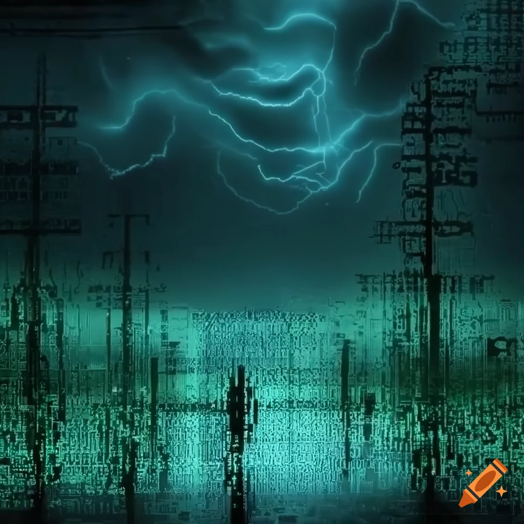 Digital artwork of a storm in a matrix style