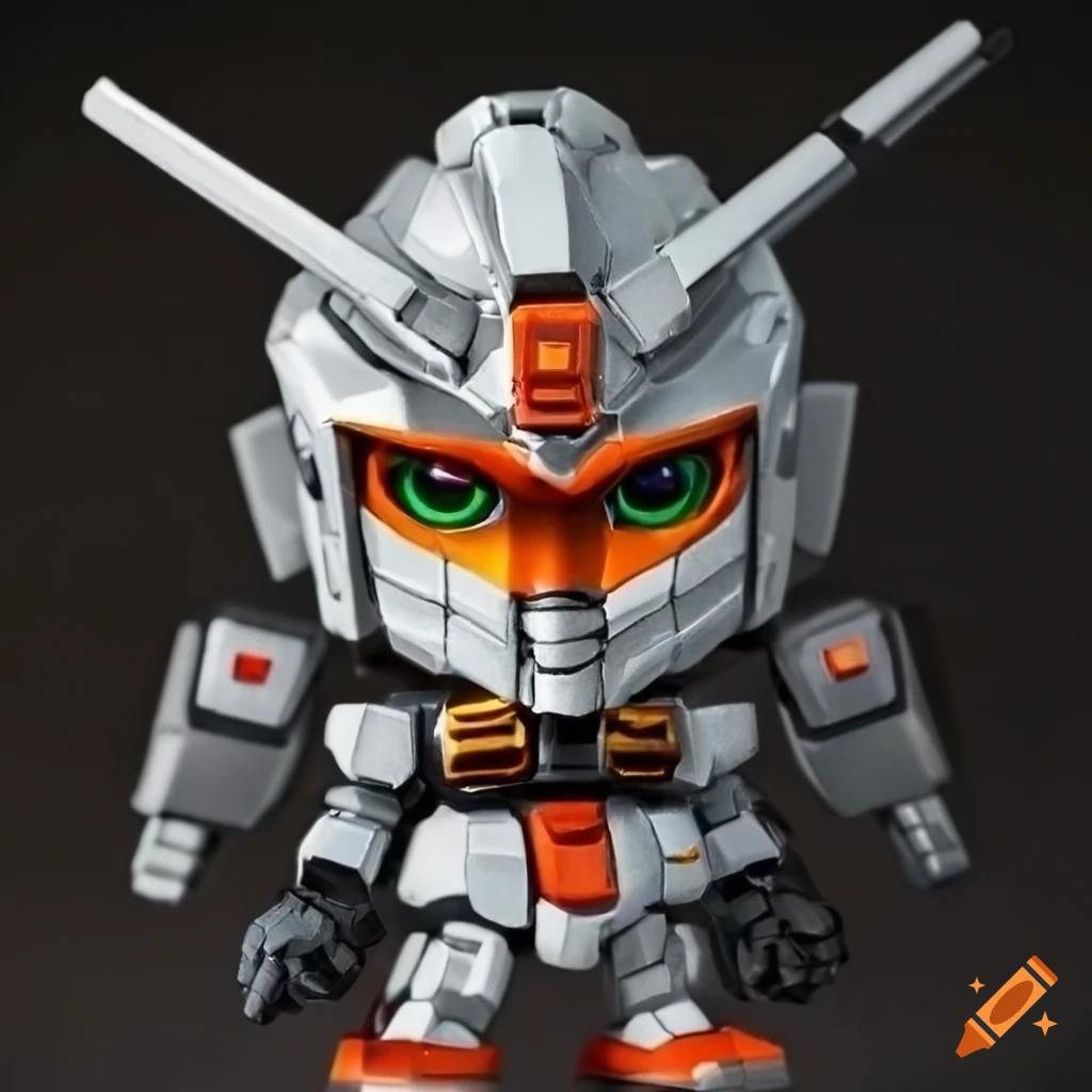 Chibi gundam robot with metallic black and orange armor on Craiyon