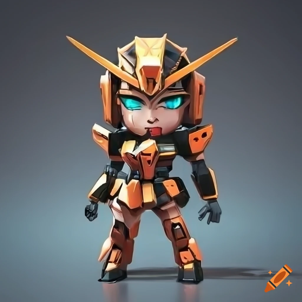Chibi female samurai robot with black and orange metallic armor