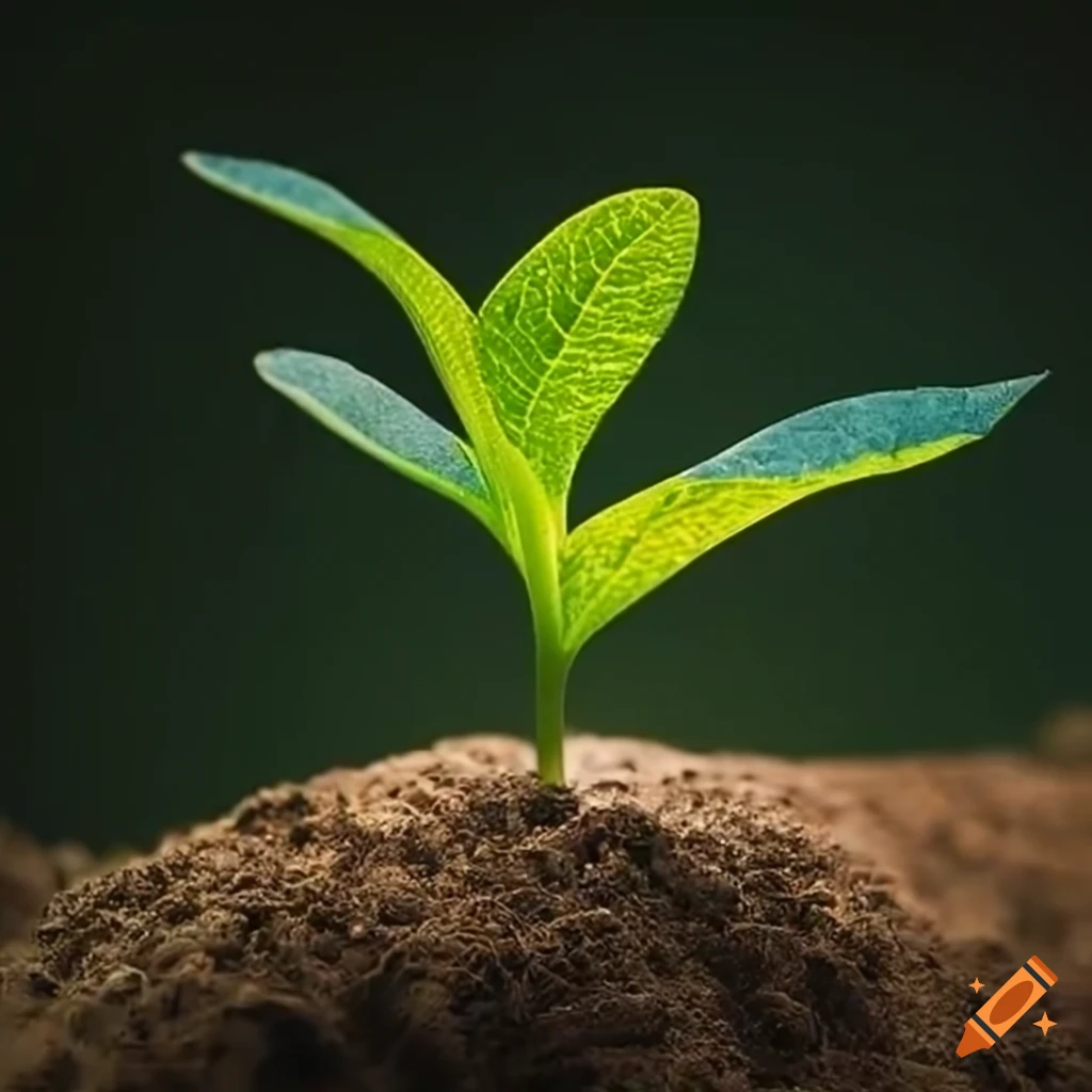 Plant surrounded by trace elements with roots in soil on Craiyon