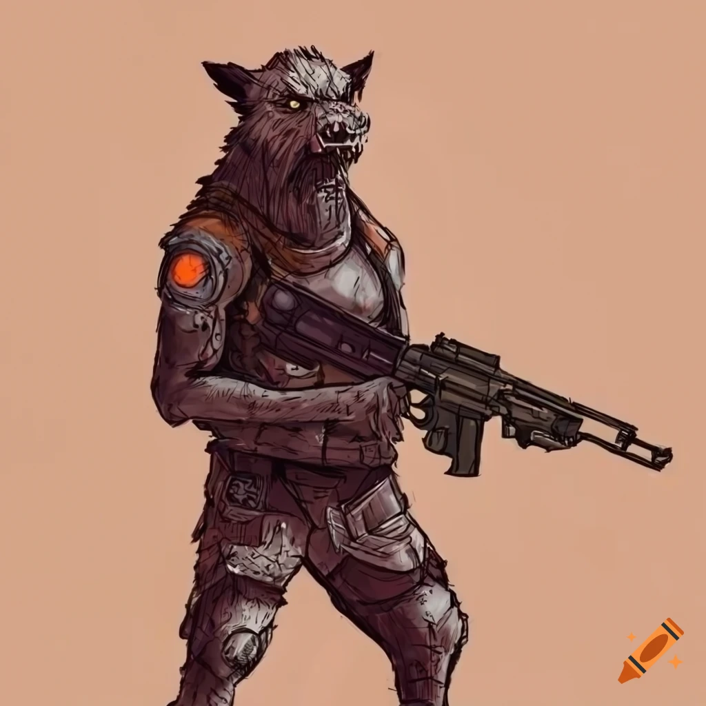 Sketched werewolf with machine gun in combat gear on Craiyon