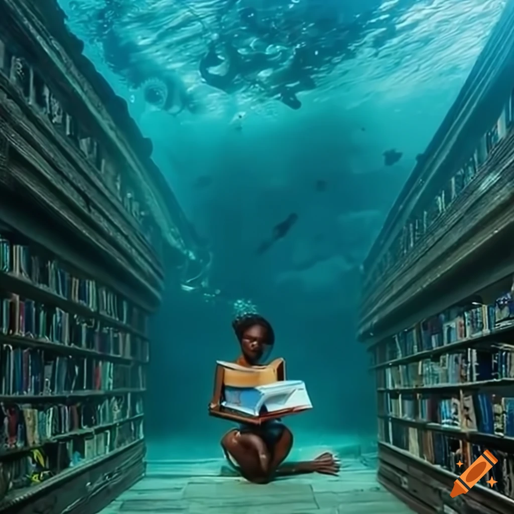 underwater library with floating books on Craiyon