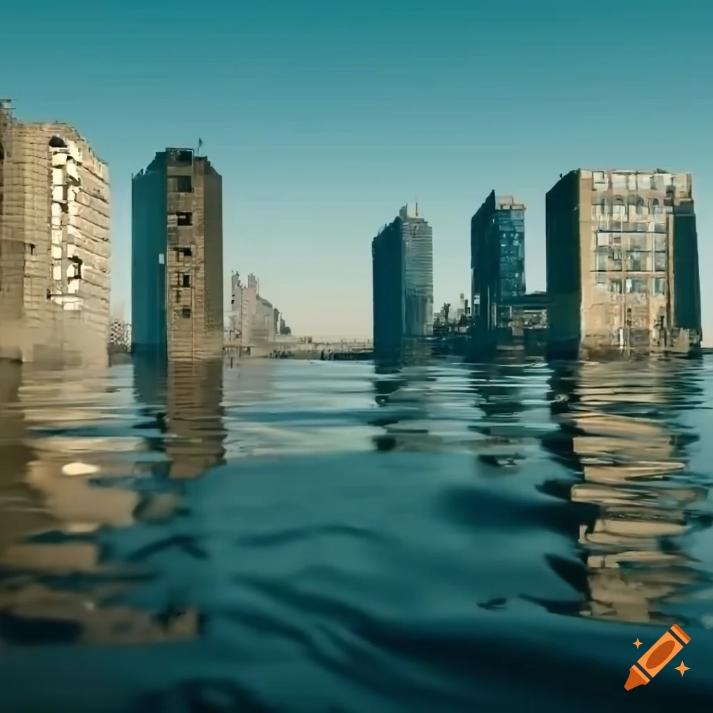 Ruins of a flooded modern city on Craiyon