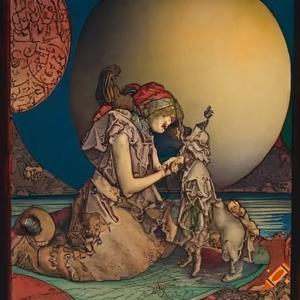 Stone lithograph of Aladdin and the Genie with Islamic Calligraphy on ...