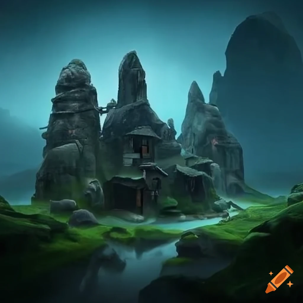 Fantasy artwork of a stone forest village with pixies on Craiyon