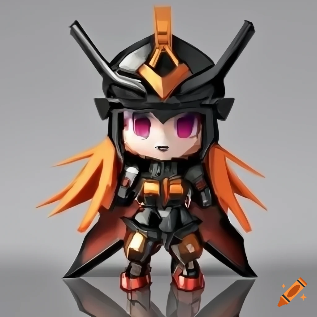 Chibi gundam robot in black and orange armor on Craiyon