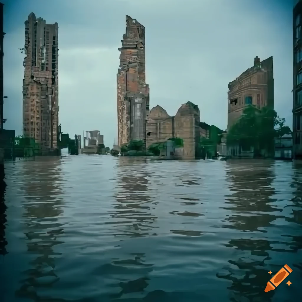 Ruins of a flooded city with sun reflecting off water on Craiyon