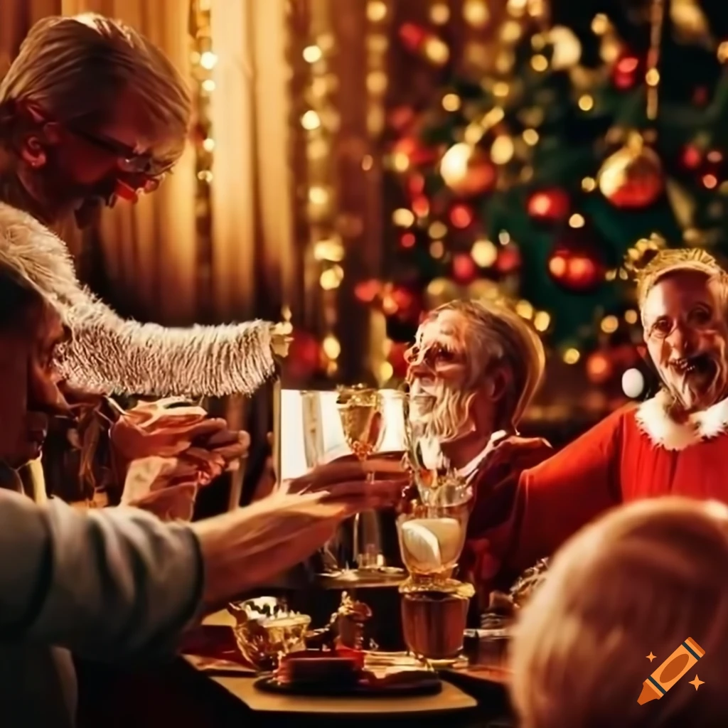 Festive christmas party with red and gold decorations on Craiyon