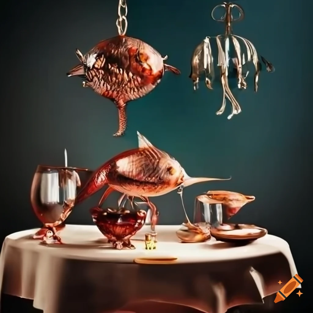 Surrealist pastries on a table with wine and goldfish on Craiyon
