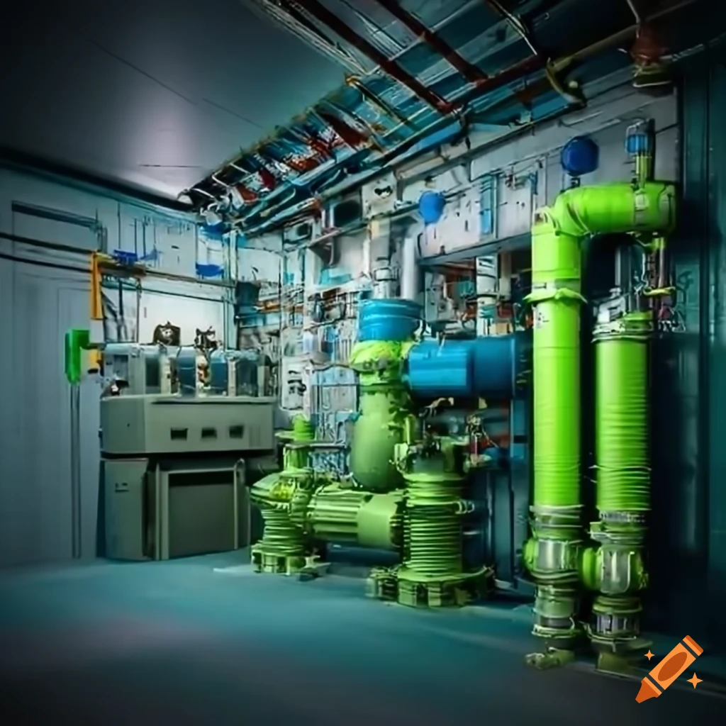 Futuristic technical room with pipes and valves on Craiyon