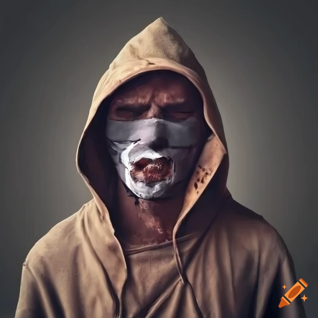 Post-apocalyptic concept art of a man with burnt face in bandages on ...