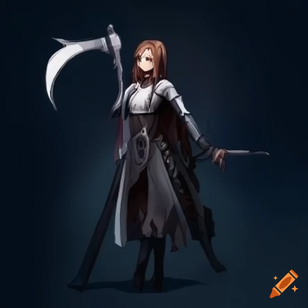 Character reference sheet with a dark figure holding a scythe on Craiyon