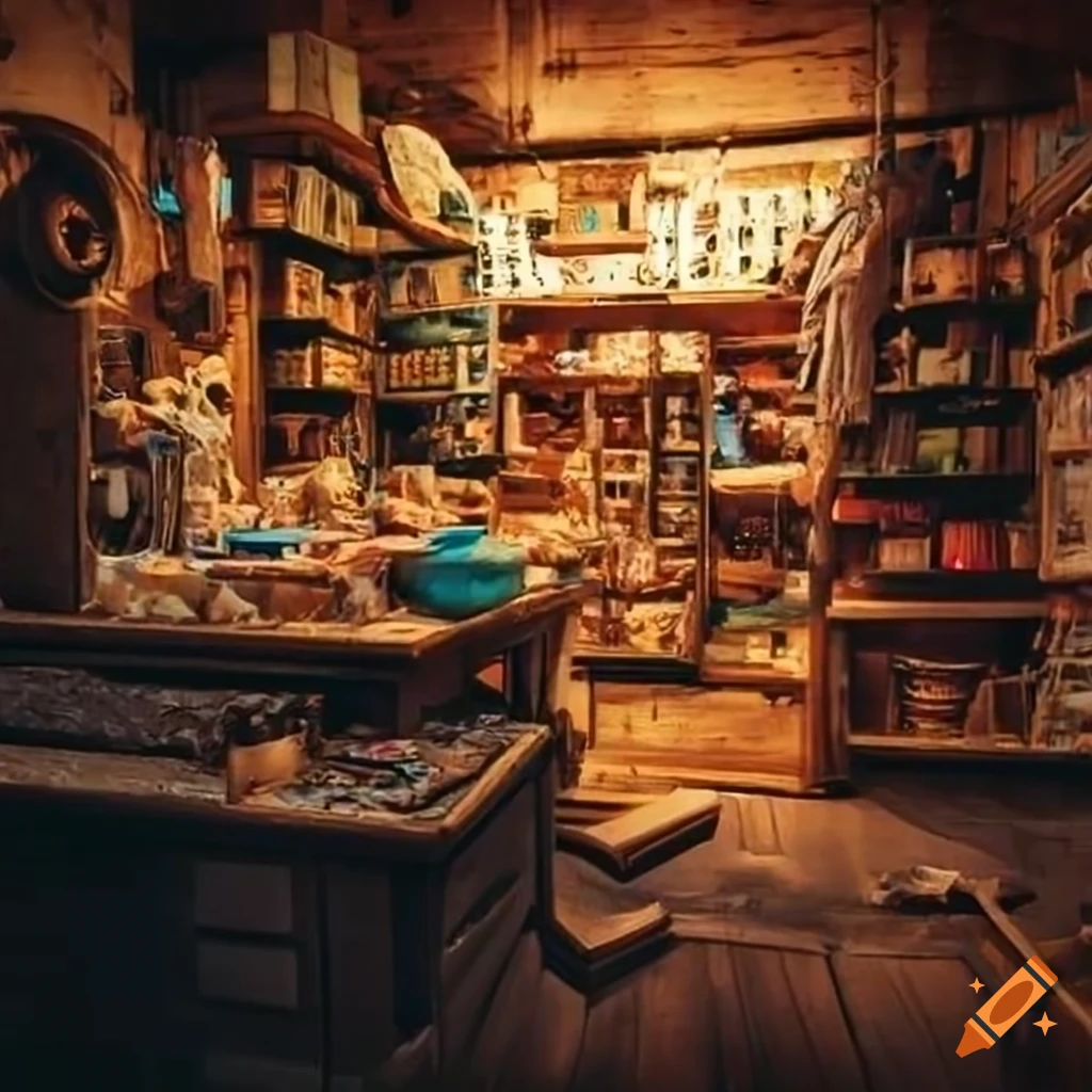 Bright interior of a medieval general store with a game-like atmosphere ...
