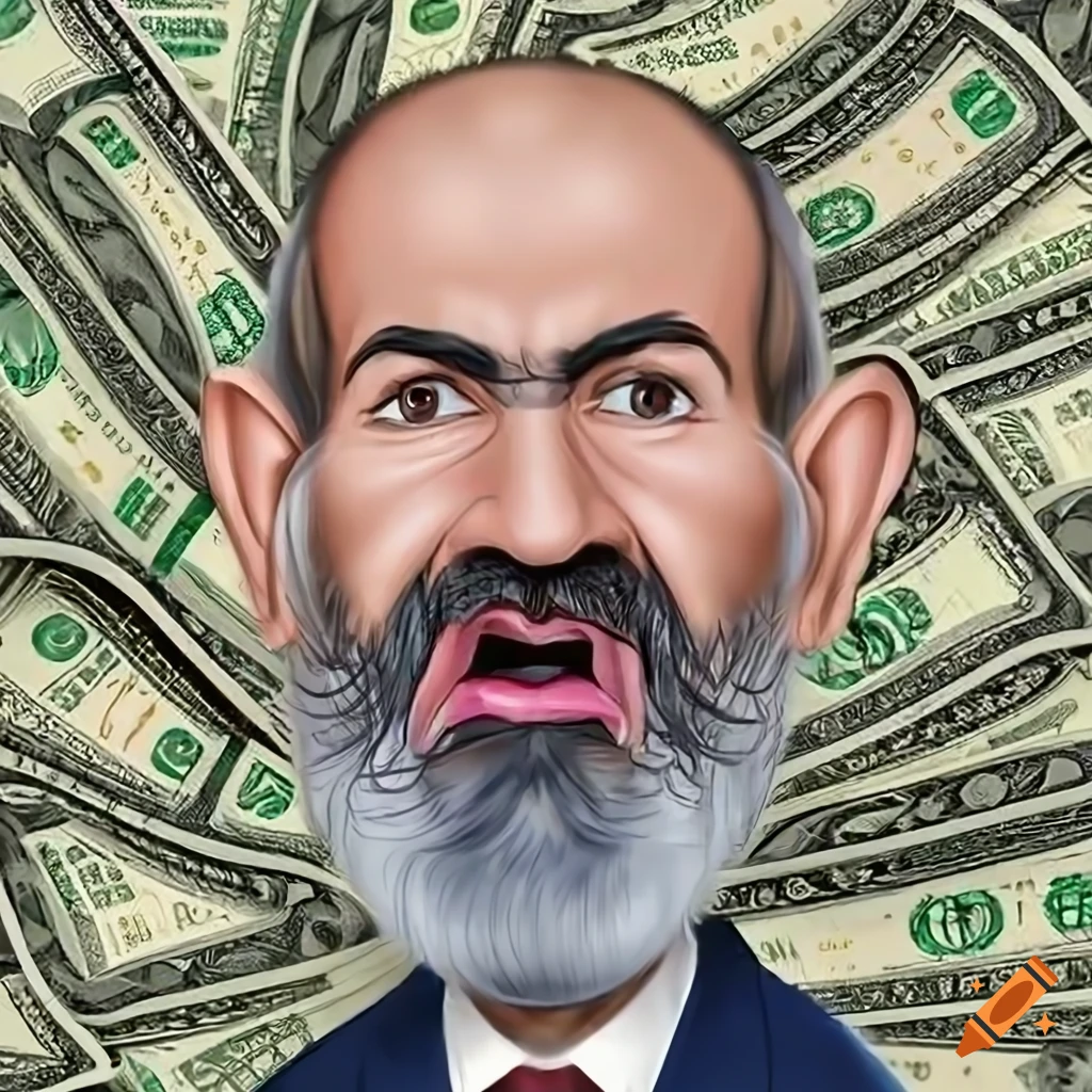 Caricature of Nikol Pashinyan surrounded by dollar bills on Craiyon