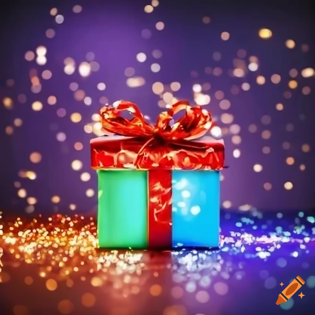 Bright multi-colored magical gift with shiny background on Craiyon