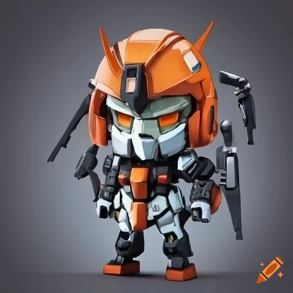 Chibi gundam robot in black and orange armor on Craiyon