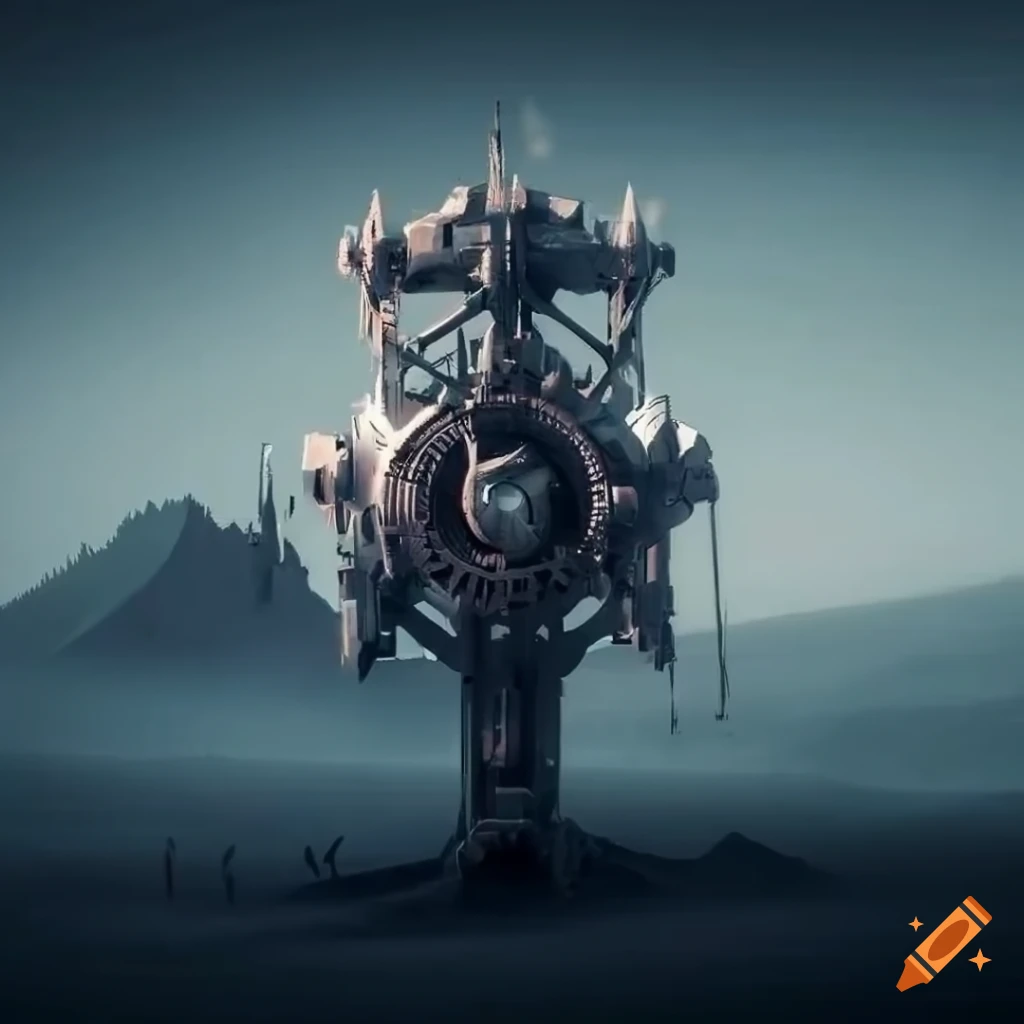 Futuristic steel mechanical pole in foggy desert on Craiyon