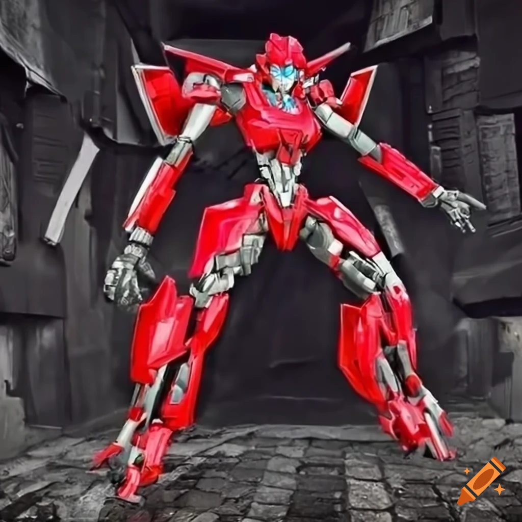 Photograph of a red female autobot that resembles a red prius