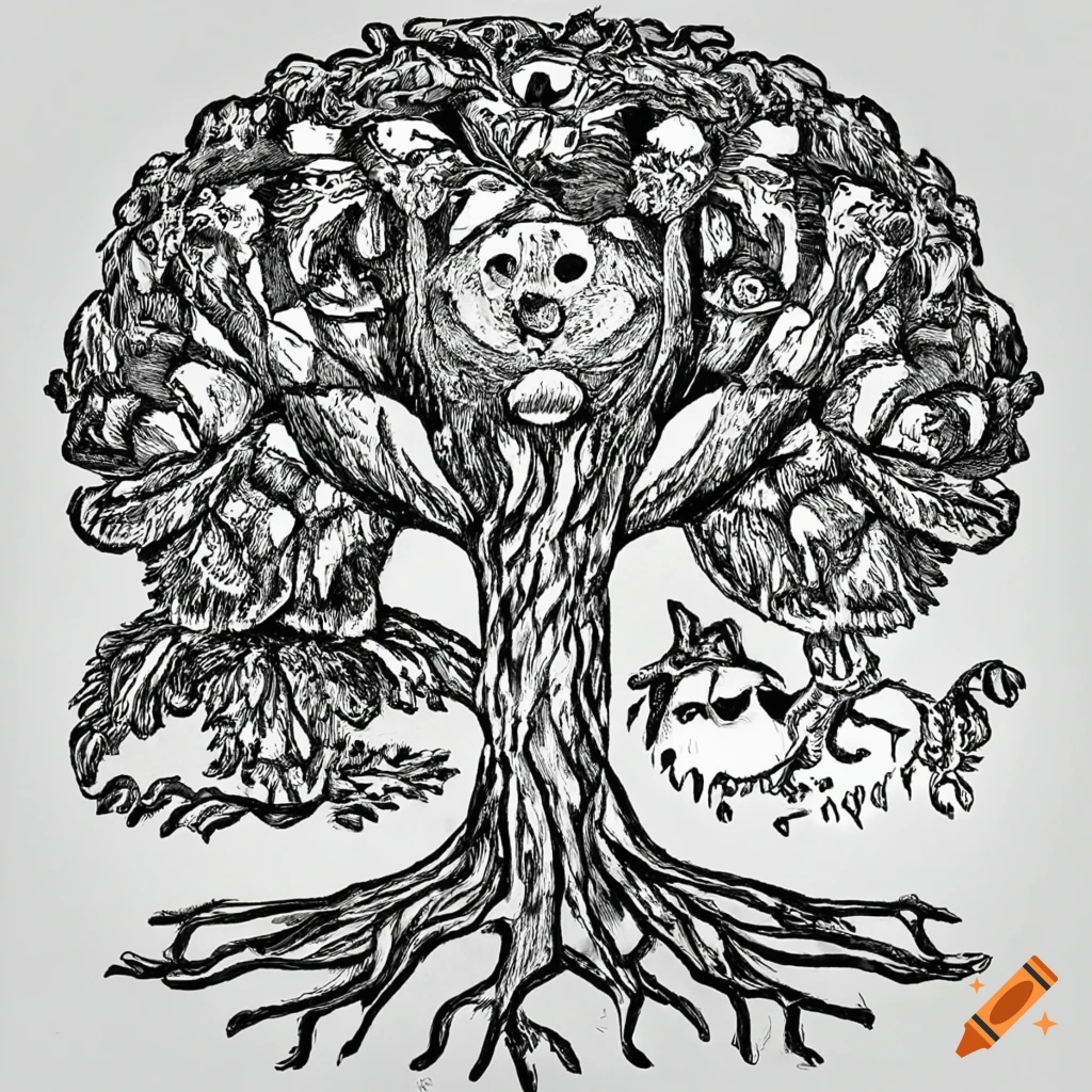 Art of an oak tree with whimsical creatures on Craiyon