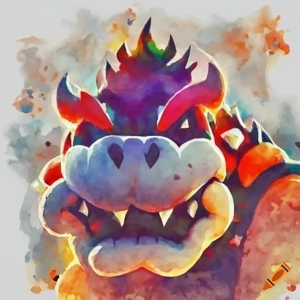 Watercolor artwork of Bowser throwing fireballs on Craiyon