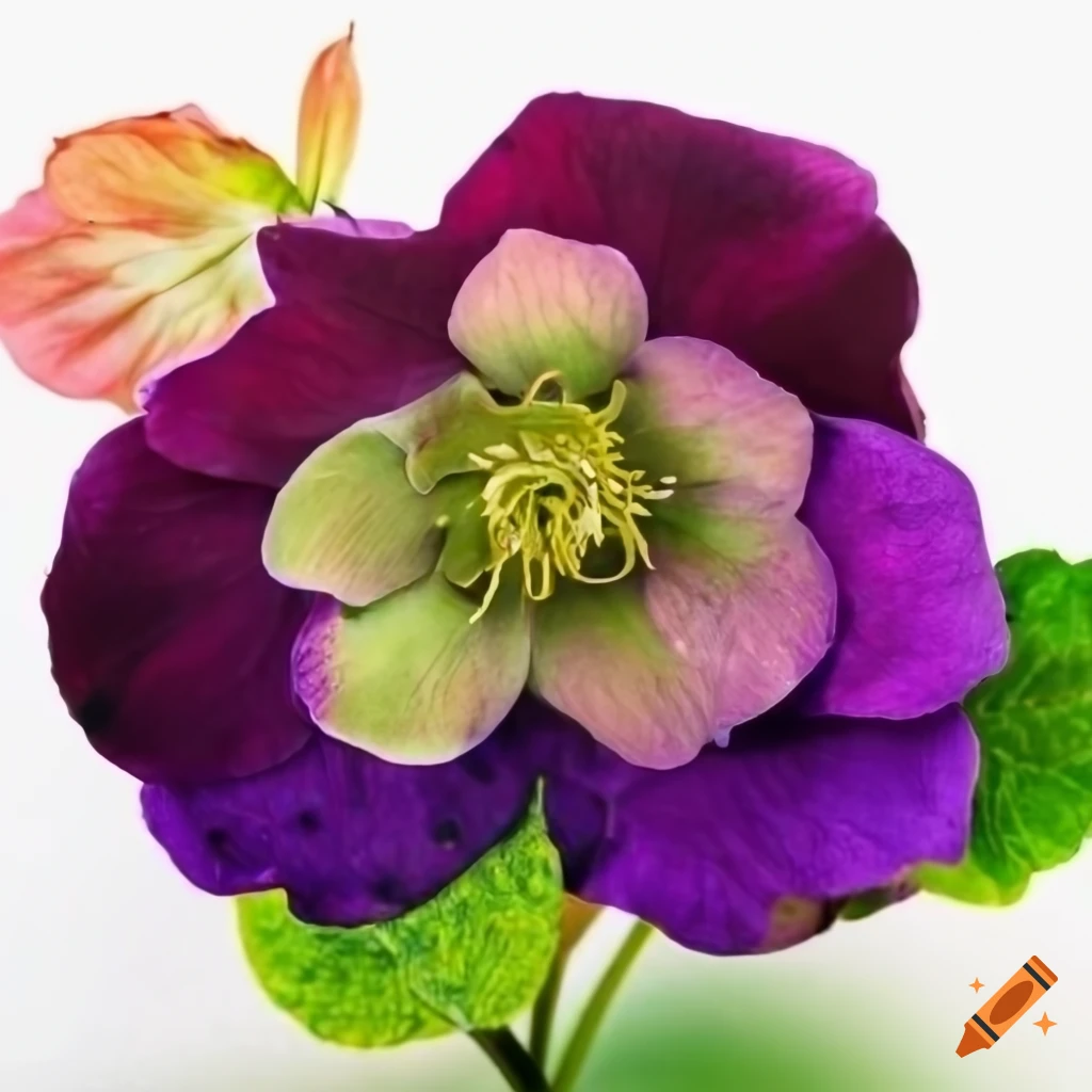 Artistic display of pressed prune hellebore flowers and leaves on Craiyon
