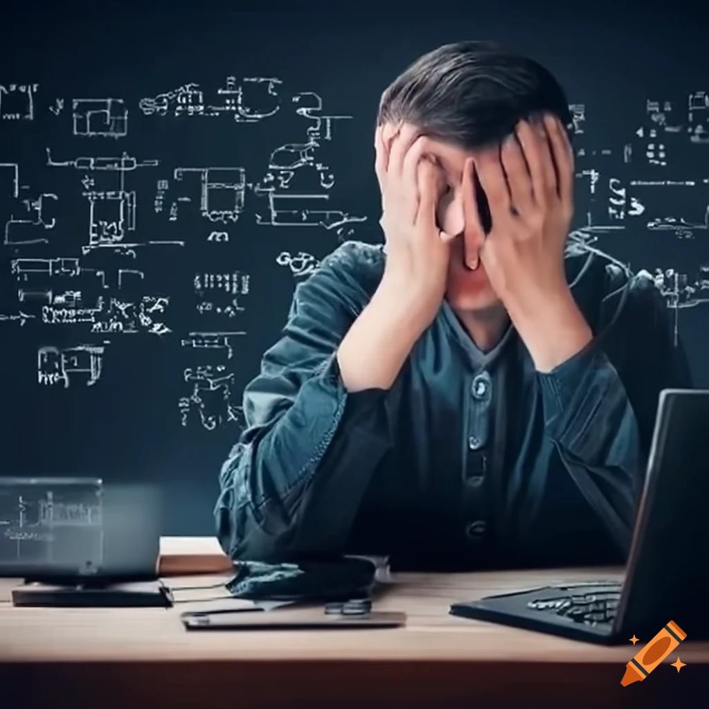 Architect frustrated at a city planning desk in an intense office scene ...