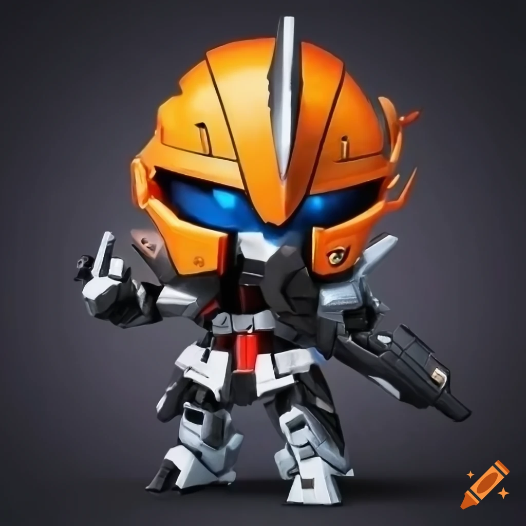 Metallic chibi gundam robot in black, orange, and white on Craiyon