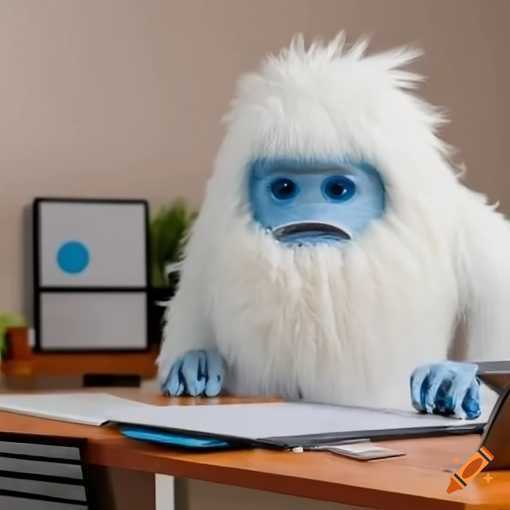 Office desk with a yeti working on Craiyon