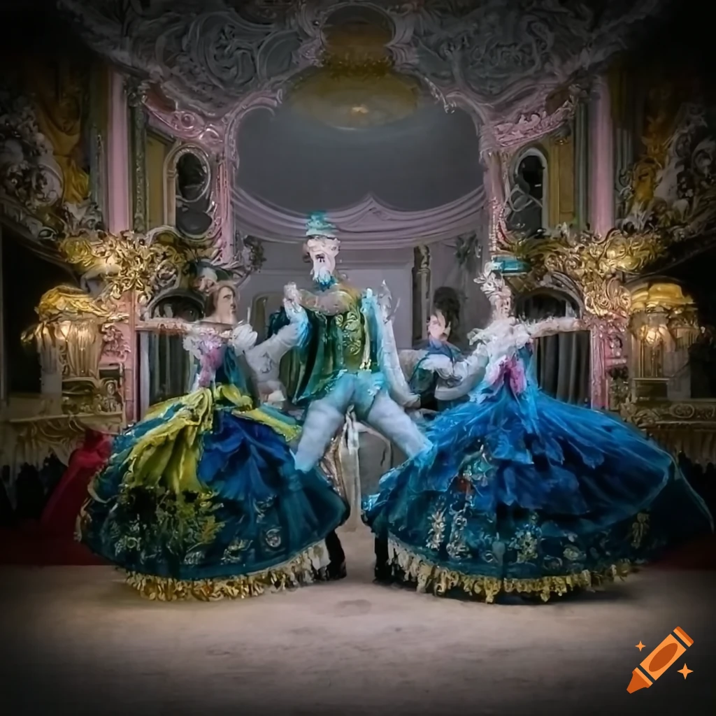 Rococo ballroom with elegant dancers