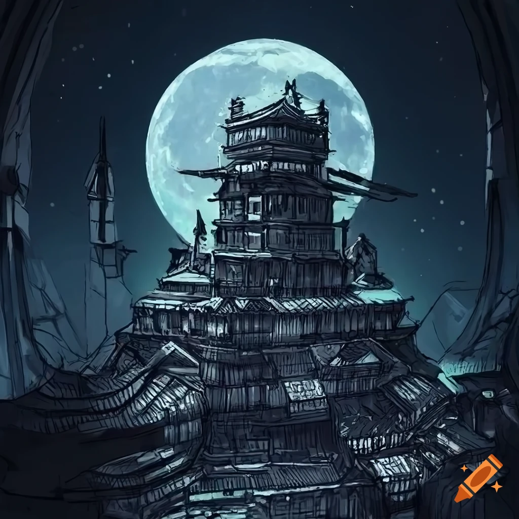 Black and white castle under full moon in a sci-fi style on Craiyon