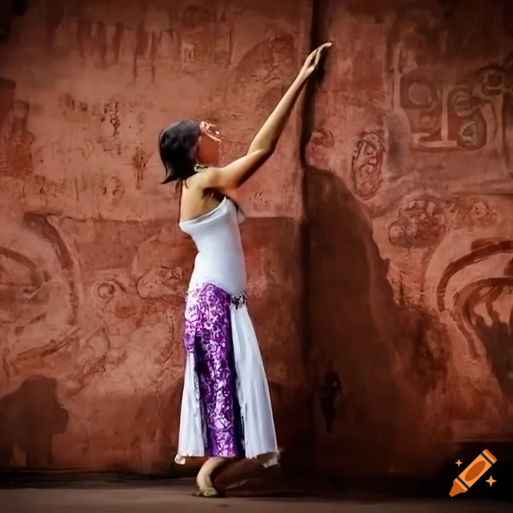 Lomo style photo of three girls dancing near ancient paintings on Craiyon