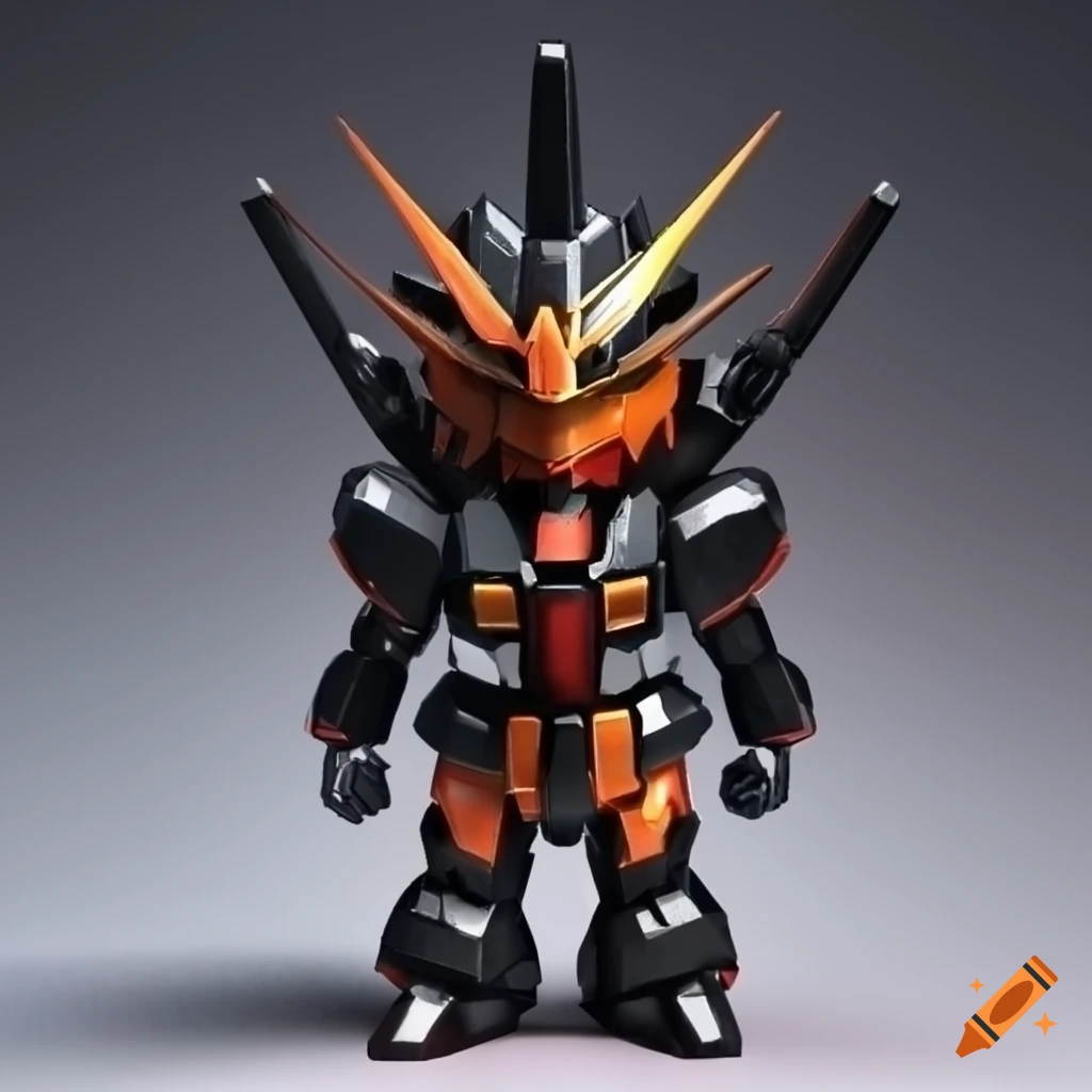 Chibi gundam robot in metallic black, orange and white armor on Craiyon