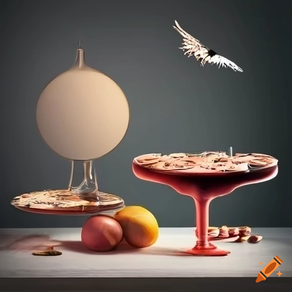 Surrealistic pastries and desserts on a table with wine glasses on Craiyon
