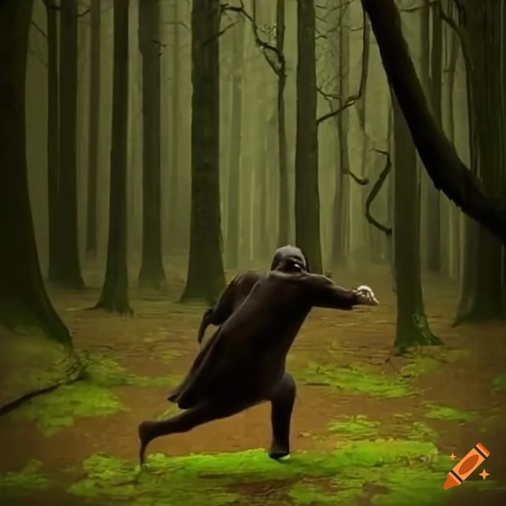 Image of steve harvey being chased by a forest cryptid on Craiyon