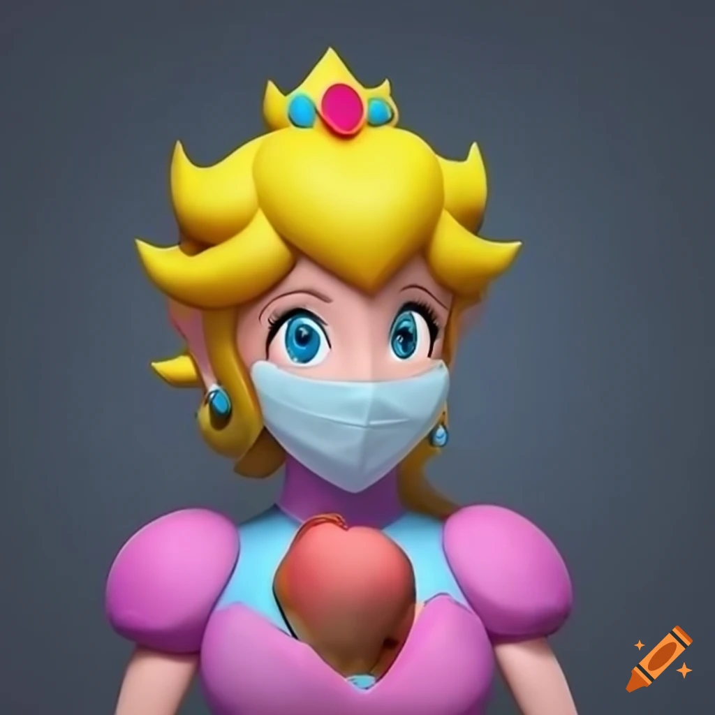 Princess peach with a surgical mask and a realistic heart