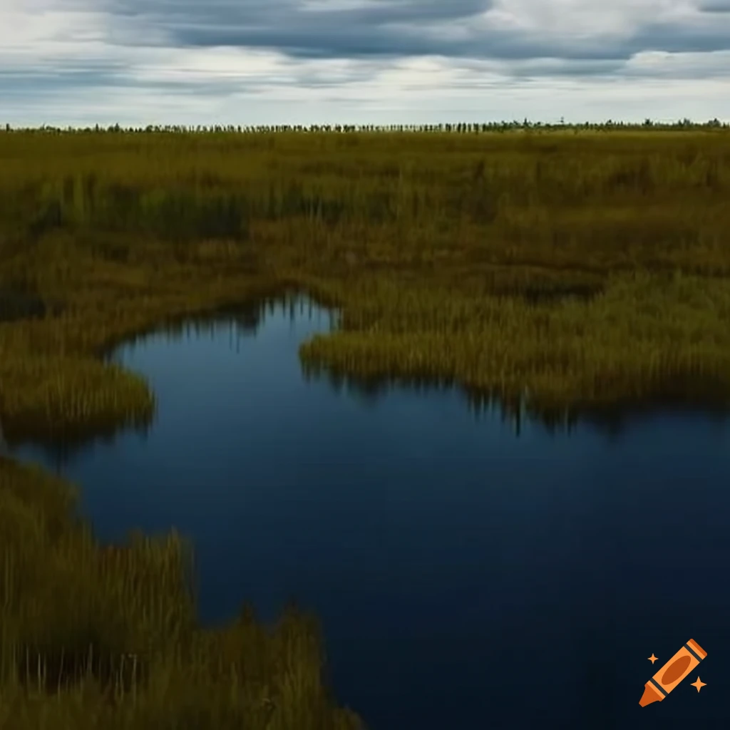 Hyperrealistic view of a lake in a bog on Craiyon