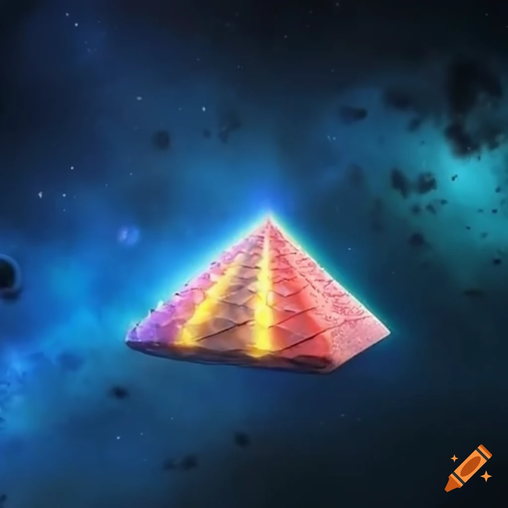 Rainbow pathway around a floating pyramid in space on Craiyon