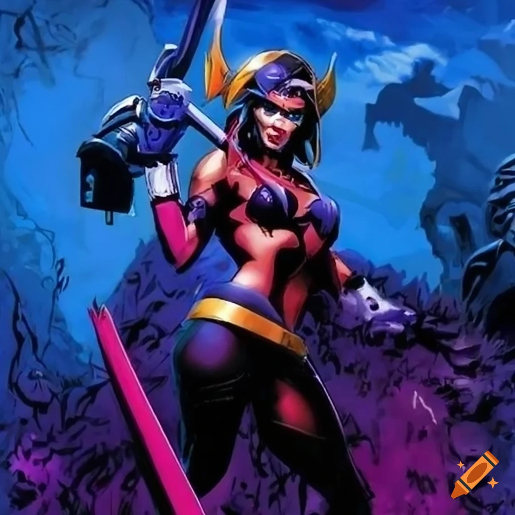 Character artwork of evil lyn in simon bisley style on Craiyon