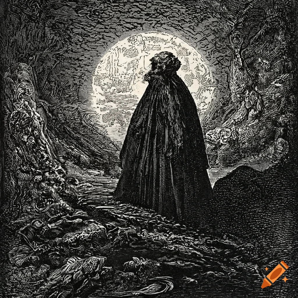 Dracula in his castle depicted in the style of gustave doré on Craiyon