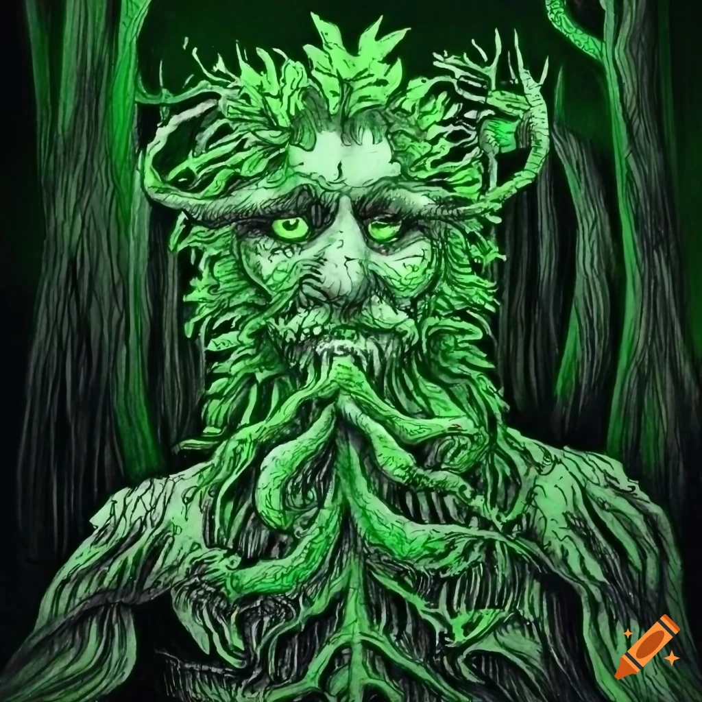 Sketch of a moss-covered golem in a magical forest on Craiyon