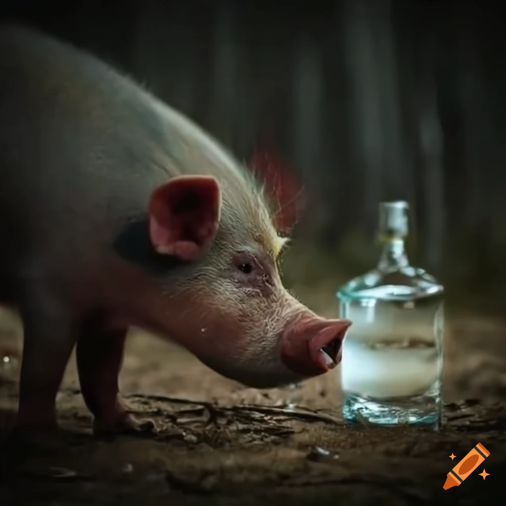 Pig drinking vodka in a forest on Craiyon