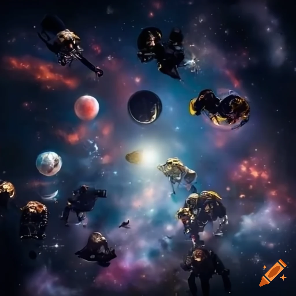 Astronauts with multiverse in the background