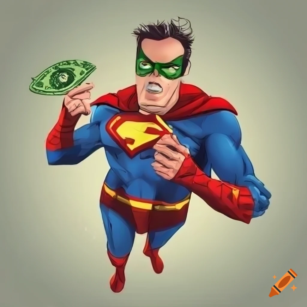 Comic illustration of a money-themed superhero on Craiyon