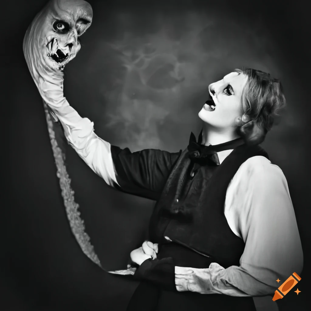 Black and white image of a scary victorian magician on Craiyon