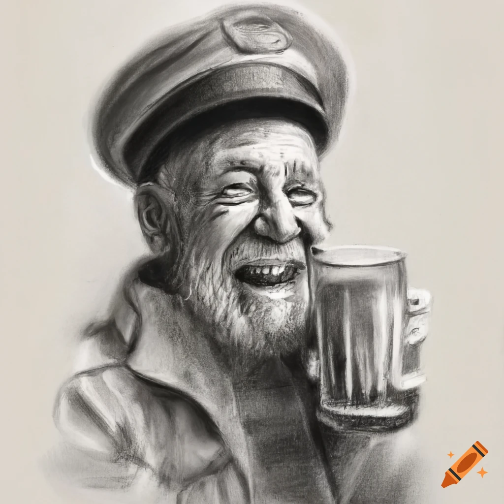 Charcoal drawing of a boat captain with a beer on Craiyon