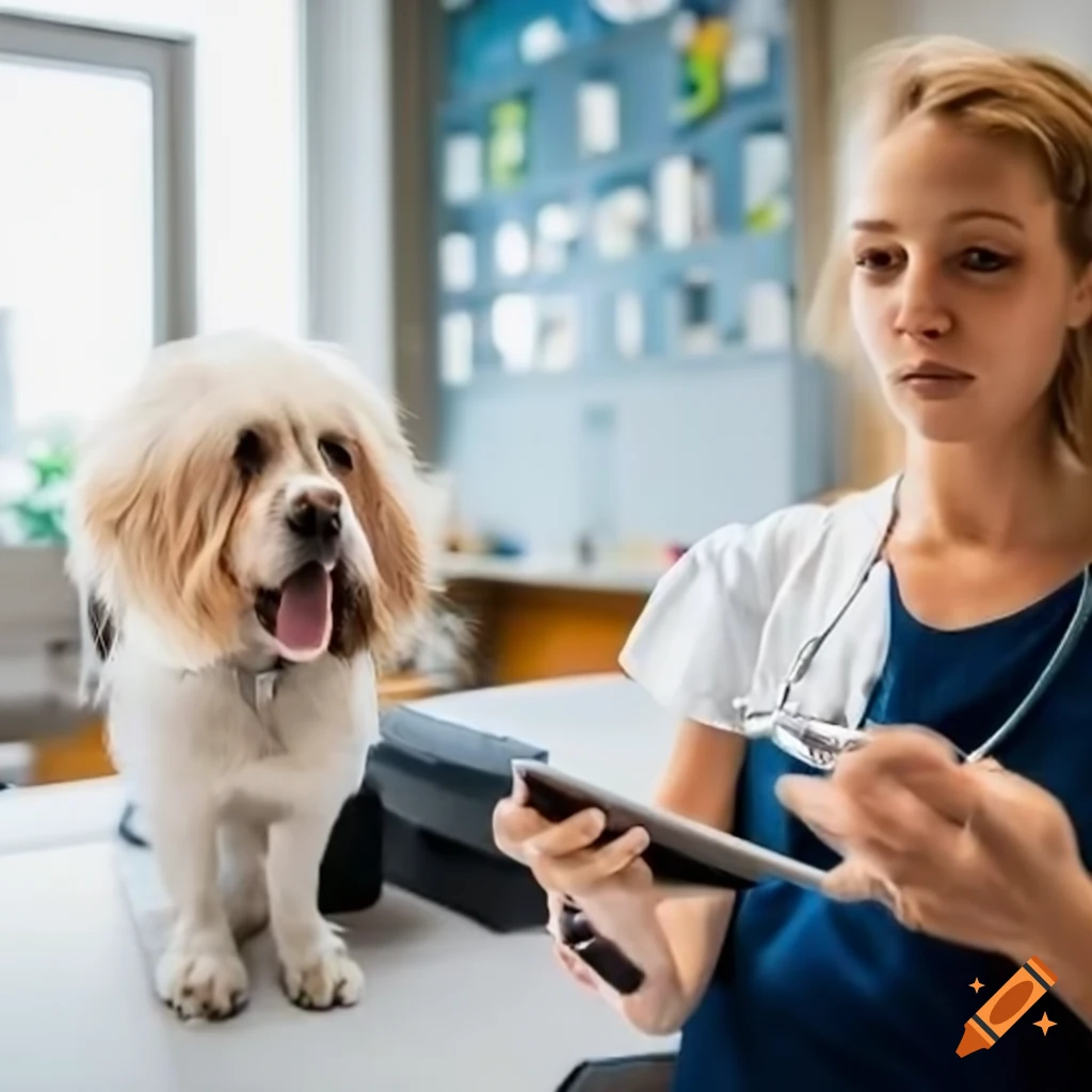 Modern veterinary clinic with a pet owner using a smartphone on Craiyon