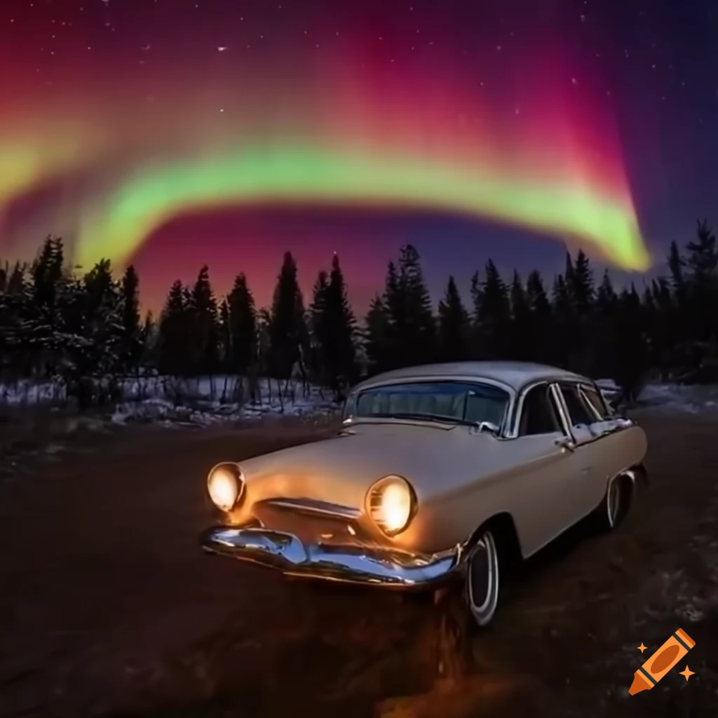 Woman with antique car under northern lights in the sky on Craiyon